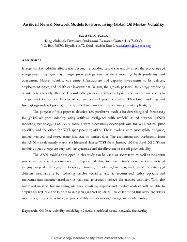Pdf Artificial Neural Network Models For Forecasting Global Oil Market Volatility