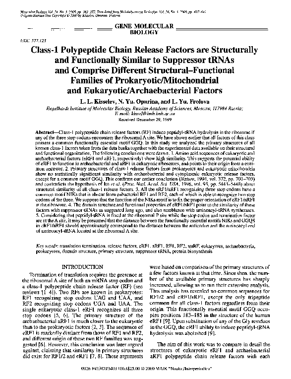 (PDF) Class-1 polypeptide chain release factors are structurally and ...