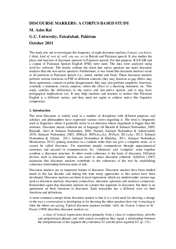 (PDF) DISCOURSE MARKERS: A CORPUS BASED STUDY