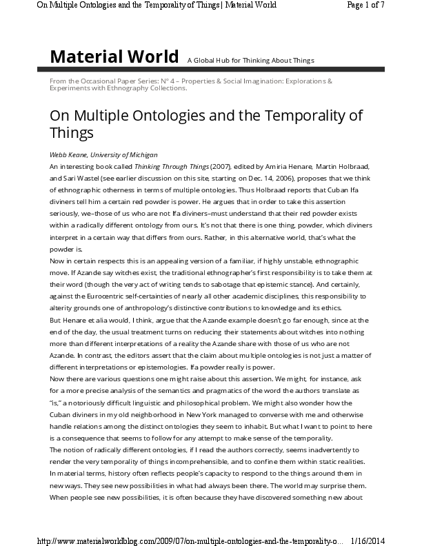 Pdf On Multiple Ontologies And The Temporality Of Things