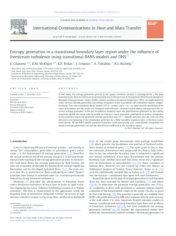 Pdf Entropy Generation In A Transitional Boundary Layer Region Under