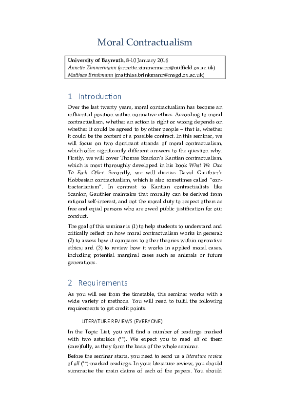 (PDF) Syllabus: Seminar "Moral Contractualism", University of Bayreuth, Germany (2015/16)