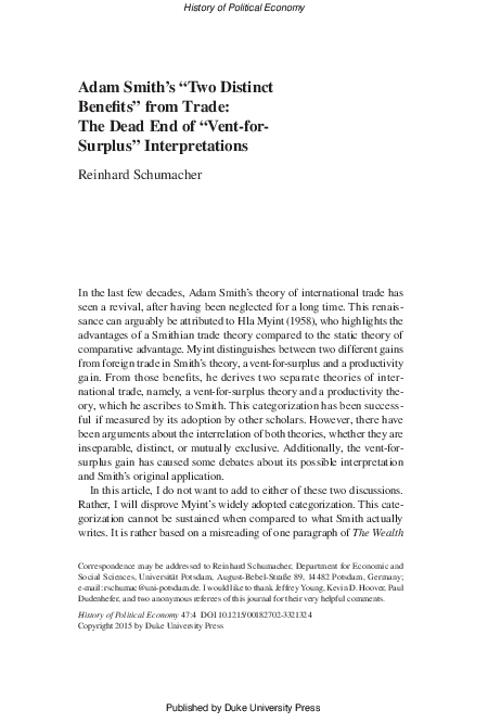 (PDF) Adam Smith’s "Two Distinct Benefits" from Trade: The Dead End of ...