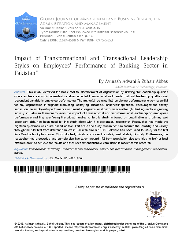 (PDF) Impact of Transformational and Transactional Leadership Styles on Employees’ Performance ...