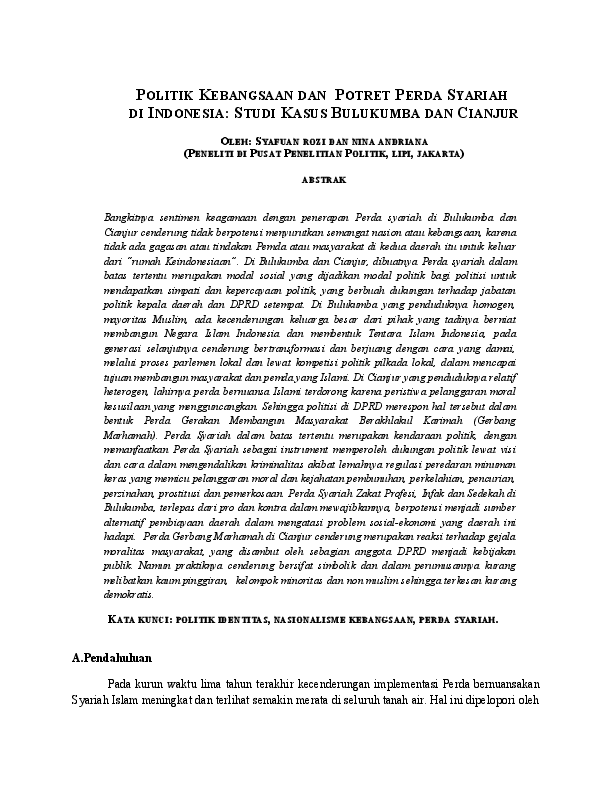 (DOC) POLITIK KEBANGSAAN DAN POTRET PERDA SYARIAH DI INDONESIA: STUDI ...