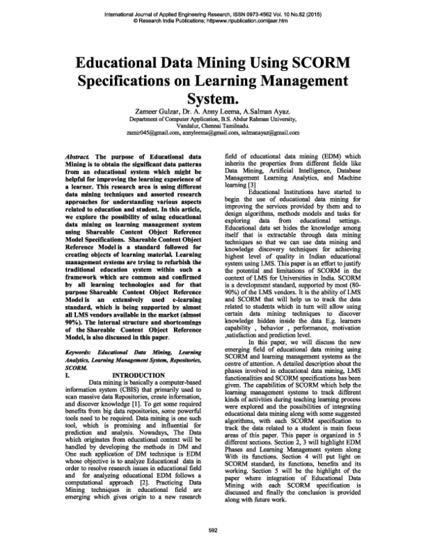 (PDF) Educational Data Mining Using SCORM Specifications on Learning Management System. | Zameer ...