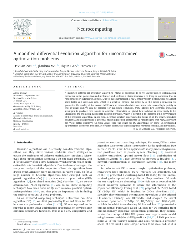 Pdf A Modified Differential Evolution Algorithm For Unconstrained Optimization Problems