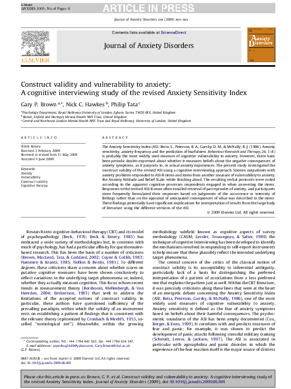 (PDF) Construct validity and vulnerability to anxiety: a cognitive ...