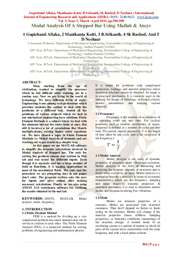 Pdf Modal Analysis Of A Stepped Bar Using Matlab And Ansys