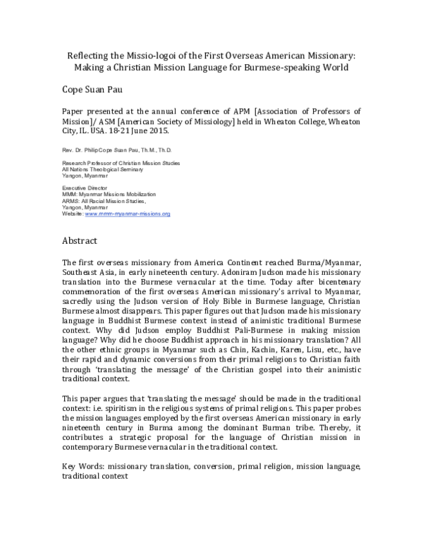 (PDF) Reflecting the Missio-logoi of the First Overseas American ...