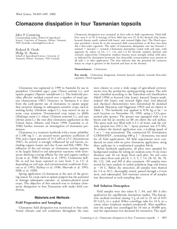 (PDF) Clomazone dissipation in four Tasmanian topsoils