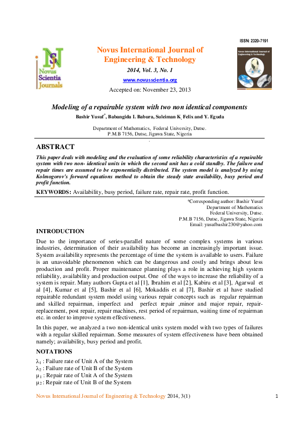 Pdf Modeling Of A Repairable System With Two Non Identical Components