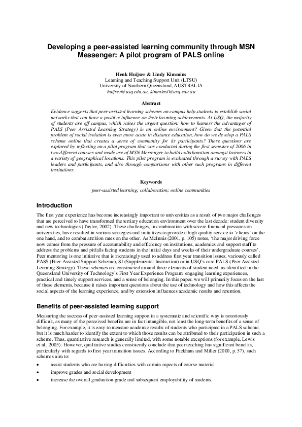 (PDF) Developing a peer-assisted learning community through MSN Messenger: A pilot program of ...