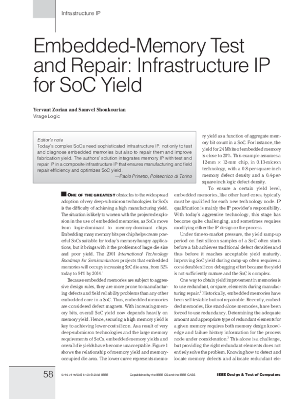 (PDF) Embedded-Memory Test and Repair: Infrastructure IP for SoC Yield