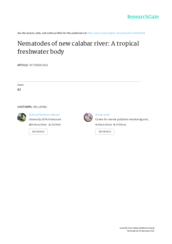 Nematodes of new calabar river, Niger delta, nigeria