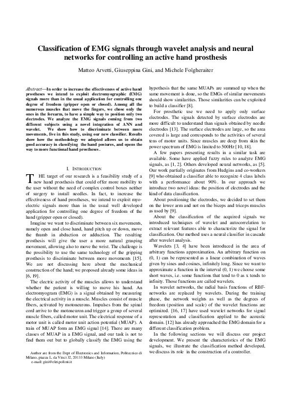Pdf Classification Of Emg Signals Through Wavelet Analysis And Neural