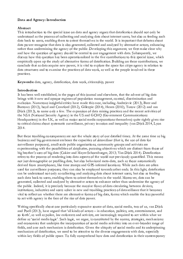 (PDF) Data and Agency: introduction