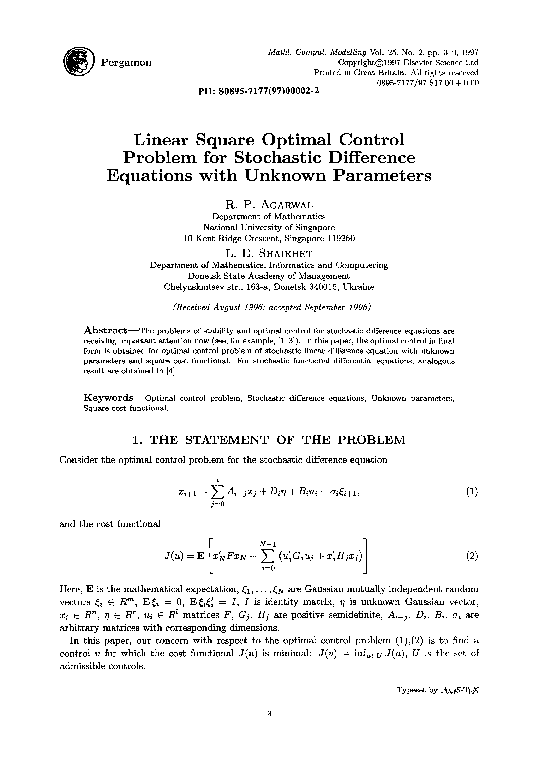 Pdf Linear Square Optimal Control Problem For Stochastic Difference Equations With Unknown