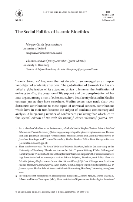 (PDF) The Social Politics of Islamic Bioethics, Die Welt des Islams 55 ...