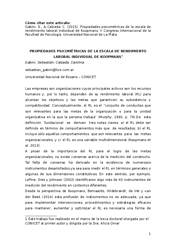(DOC) Propiedades psicométricas de la escala de rendimiento laboral ...