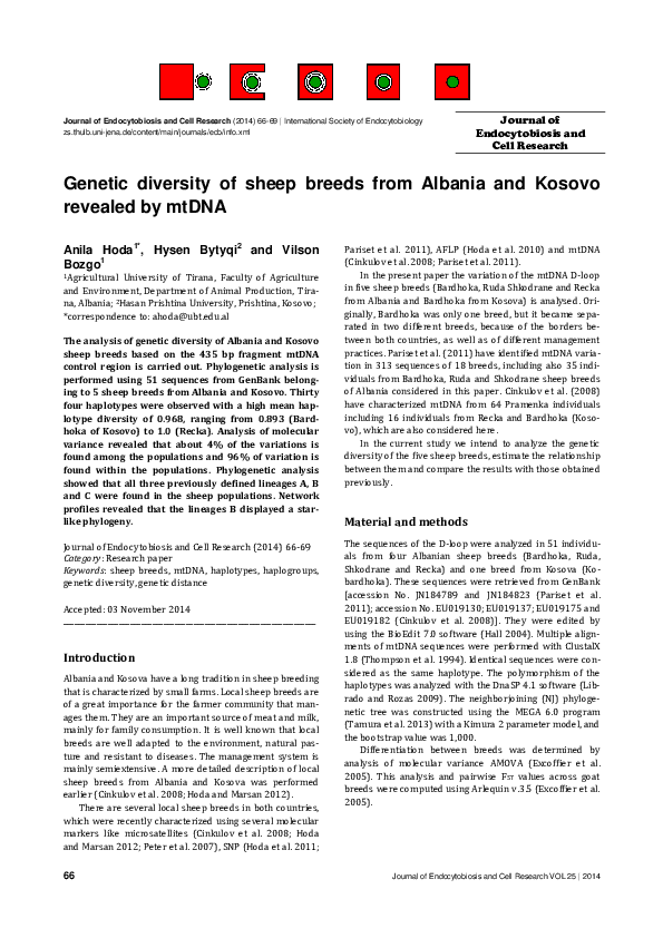 (PDF) Genetic diversity of sheep breeds from Albania and Kosovo revealed by mtDNA
