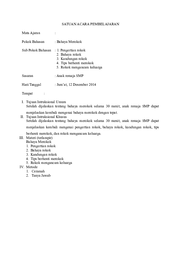 (DOC) SATUAN ACARA PEMBELAJARAN rokok