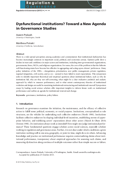 (PDF) Dysfunctional institutions? Toward a NewAgenda in Governance Studies