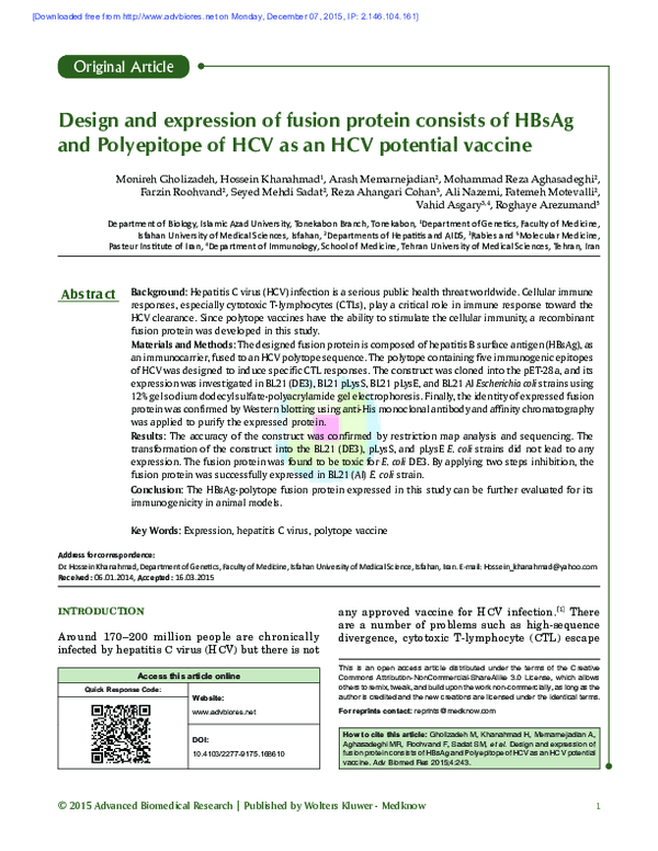 (PDF) Design and expression of fusion protein consists of HBsAg and ...