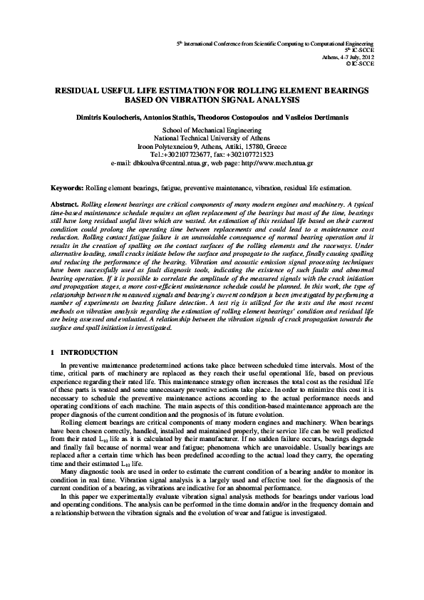 Pdf Residual Useful Life Estimation For Rolling Element Bearings Based On Vibration Signal