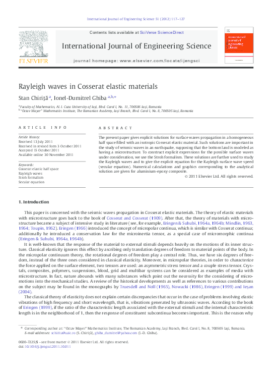 (PDF) Rayleigh Waves in Cosserat Elastic Materials