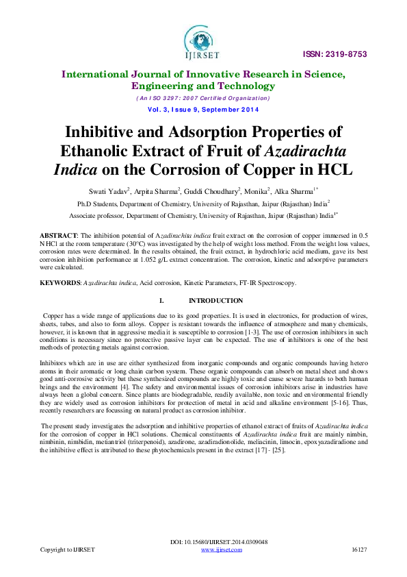 (PDF) Inhibitive and Adsorption Properties of Ethanolic Extract of Fruit of Azadirachta Indica ...