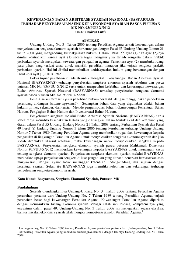 (PDF) KEWENANGAN BADAN ARBITRASE SYARIAH NASIONAL (BASYARNAS) TERHADAP ...