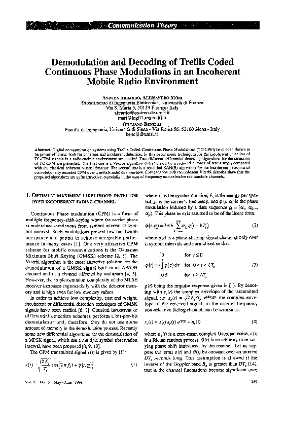 Pdf Demodulation And Decoding Of Trellis Coded Continuous Phase Modulations In An Incoherent