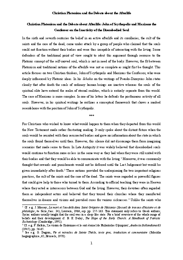 (DOC) 'Christian Platonism and the Debate about Afterlife: John of ...