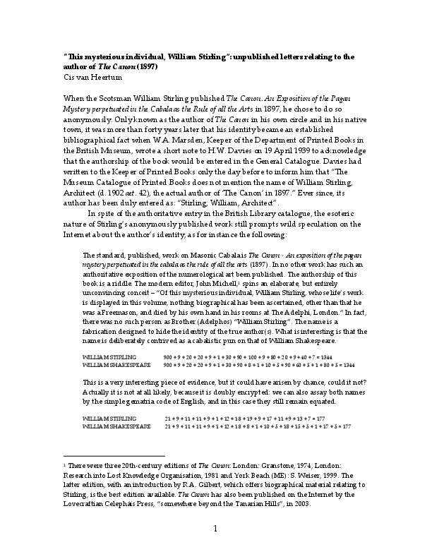 (PDF) This Mysterious Individual, William Stirling : Unpublished ...