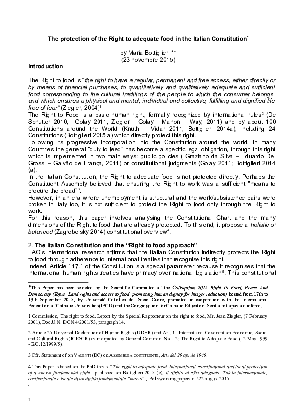 (PDF) The protection of the Right to adequate food in the Italian ...