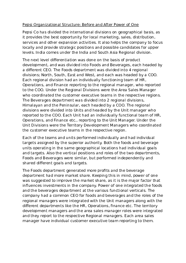 (DOC) Pepsi Organizational Structure: Before and After Power of One