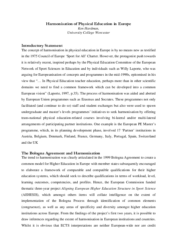 (PDF) Harmonisation of Physical Education in Europe | Ken Hardman ...