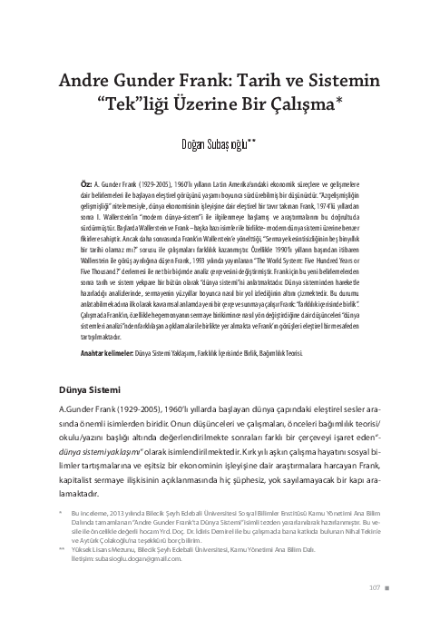 (PDF) Andre Gunder Frank Tarih ve Sistemin “Tek”liği Üzerine Bir Çalışma