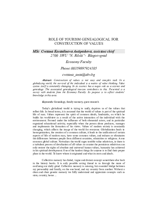 (DOC) ROLE OF TOURISM GENEALOGICAL FOR CONSTRUCTION OF VALUES