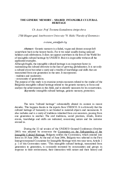 (DOC) THE GENERIC MEMORY – SHARED INTANGIBLE CULTURAL HERITAGE