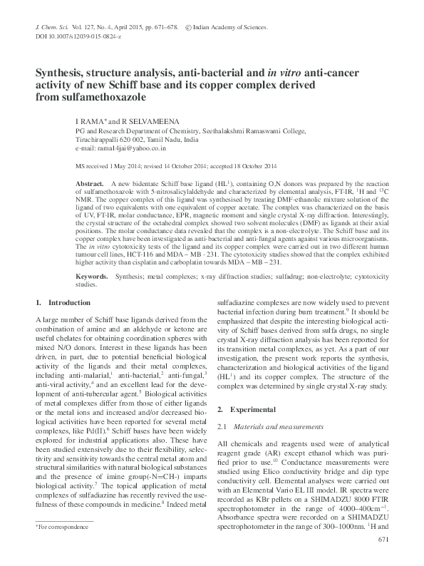 (PDF) Synthesis, structure analysis, anti-bacterial and in vitro anti-cancer activity of new ...