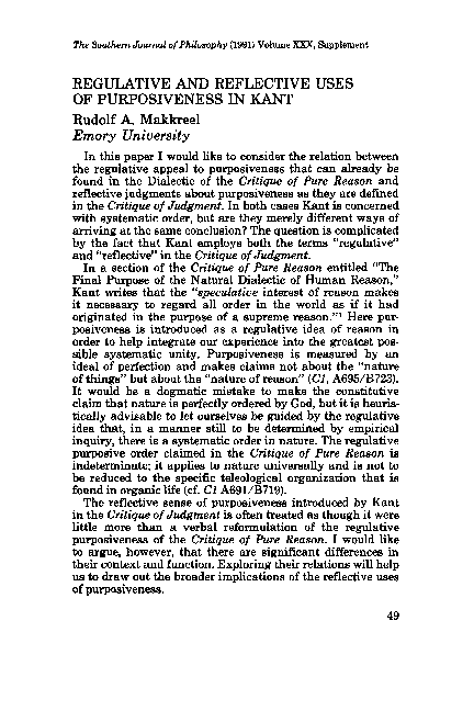 (PDF) REGULATIVE AND REFLECTIVE USES OF PURPOSIVENESS IN KANT