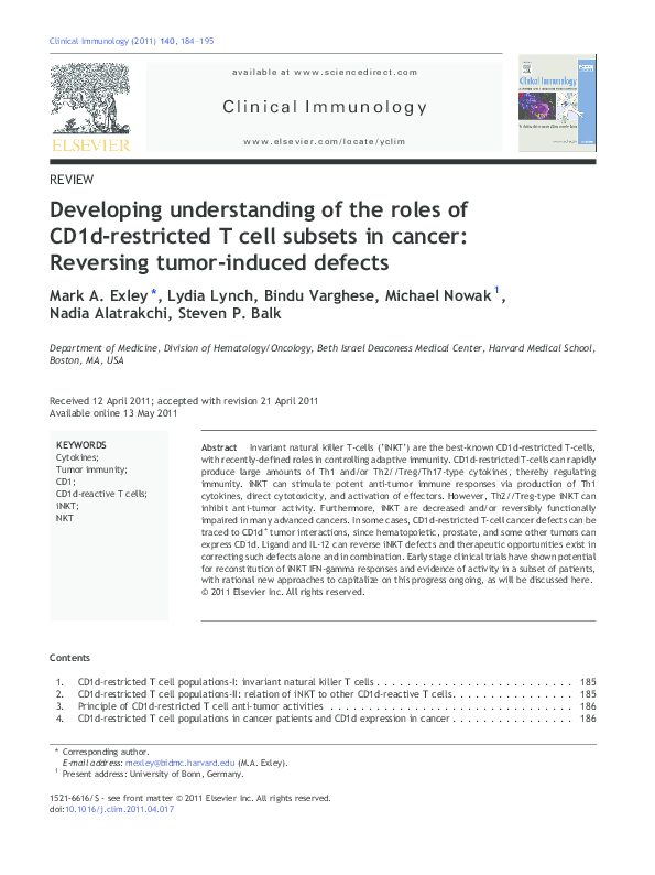 (PDF) Developing understanding of the roles of CD1d-restricted T cell subsets in cancer ...