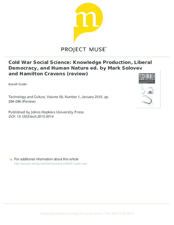 (PDF) Benoit Godin review of Cold War Social Science in Technology ...