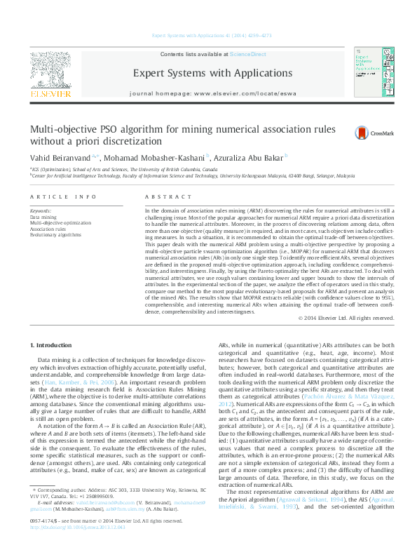 Pdf Multi Objective Pso Algorithm For Mining Numerical Association Rules Without A Priori