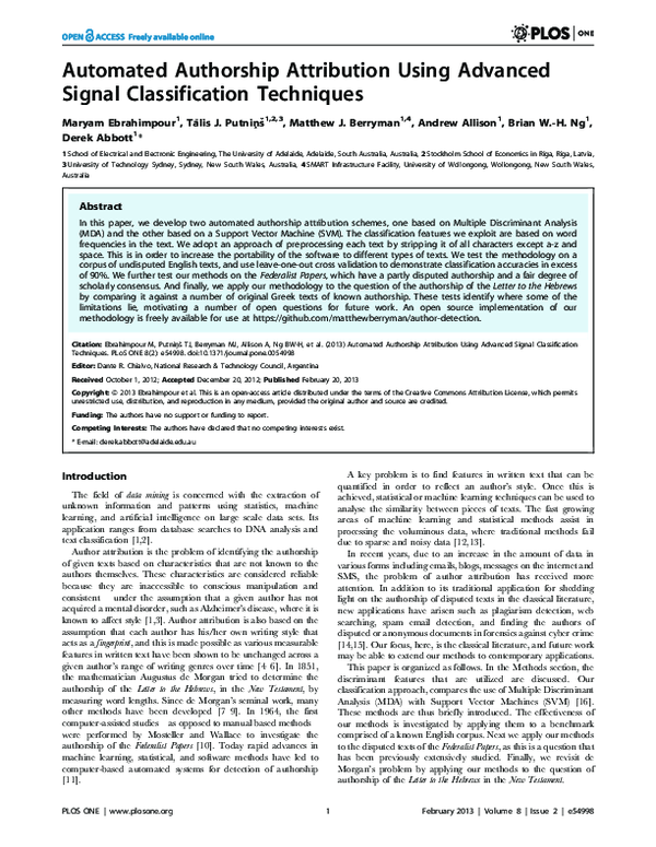 (PDF) Automated Authorship Attribution Using Advanced Signal Classification Techniques