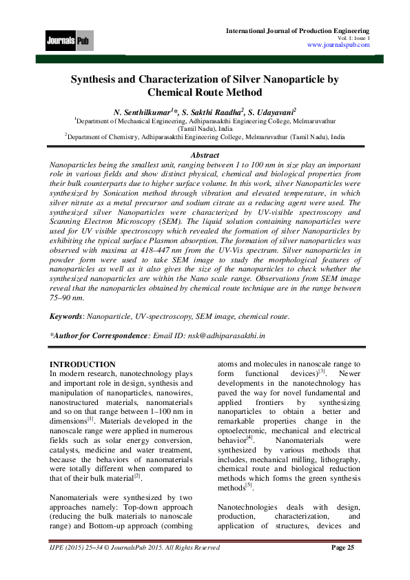(PDF) Synthesis and Characterization of Silver Nanoparticle by Chemical Route Method