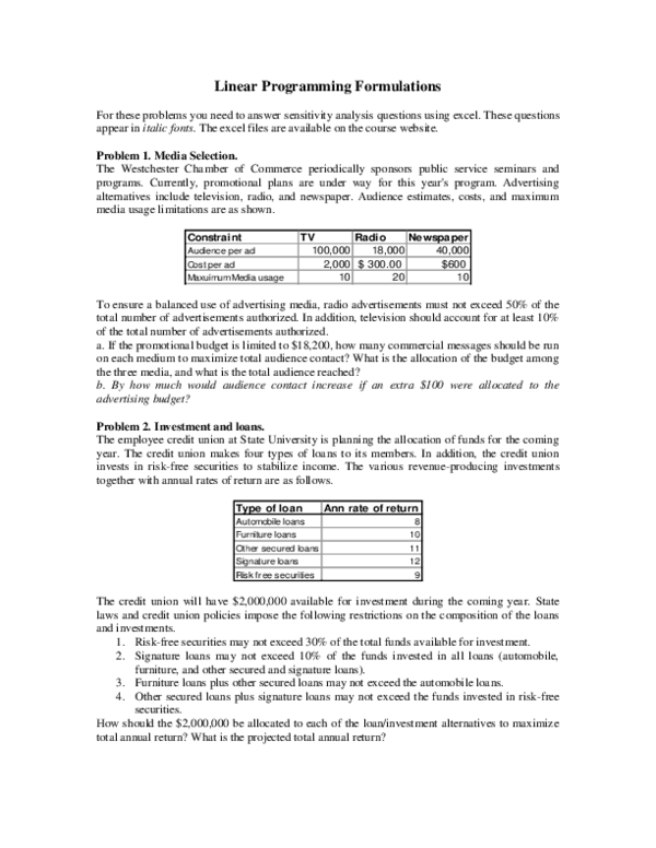 (PDF) Class Work –Linear programming model formulations
