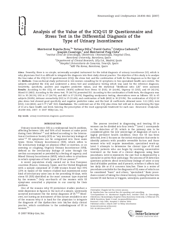 (PDF) Analysis of the value of the ICIQ-UI SF questionnaire and stress ...